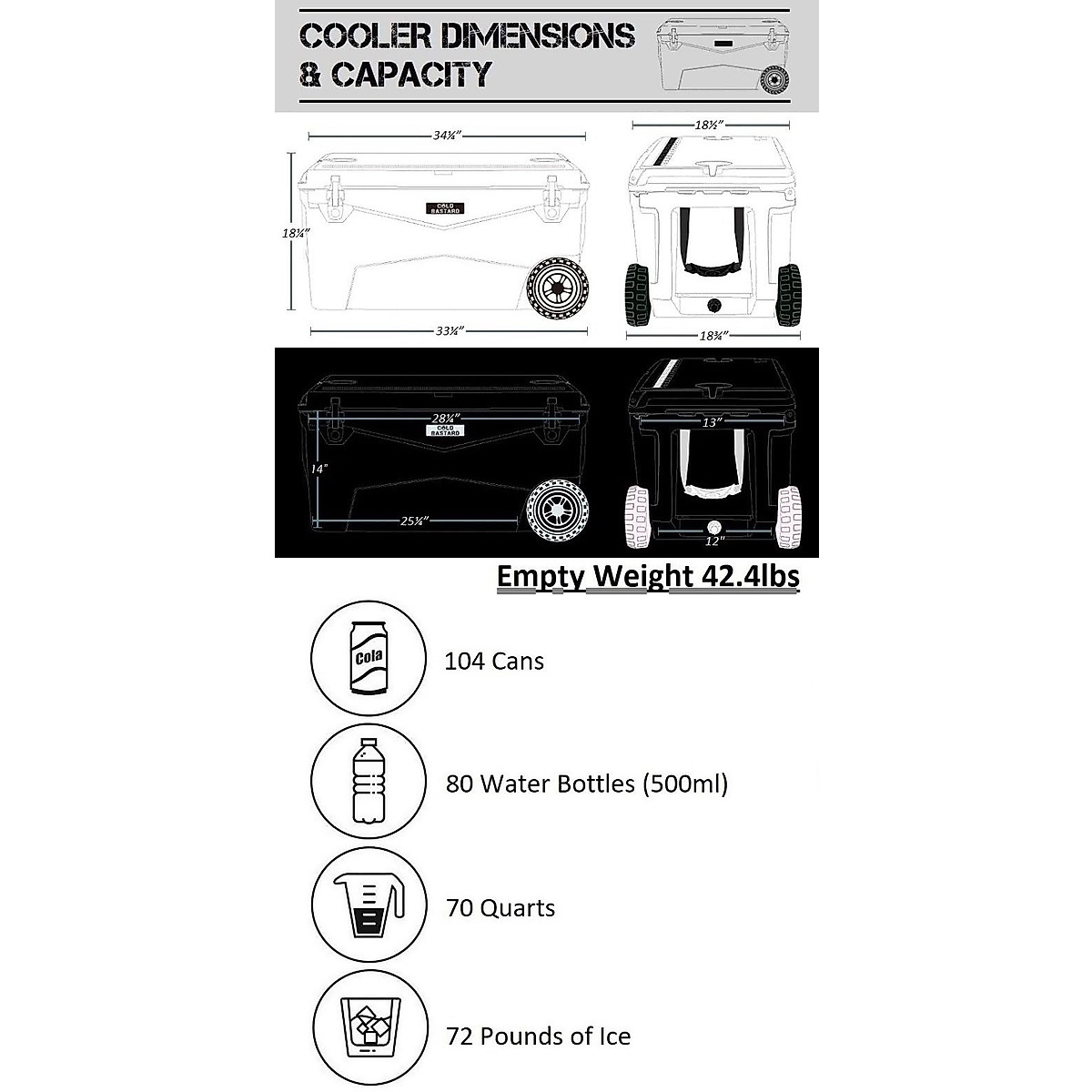COLD BASTARD COOLERS 70QTW Rugged+ Pink Neon Large Wheels Premium Ice Chest Cooler Accessories Free S&H (CB70W-PN)