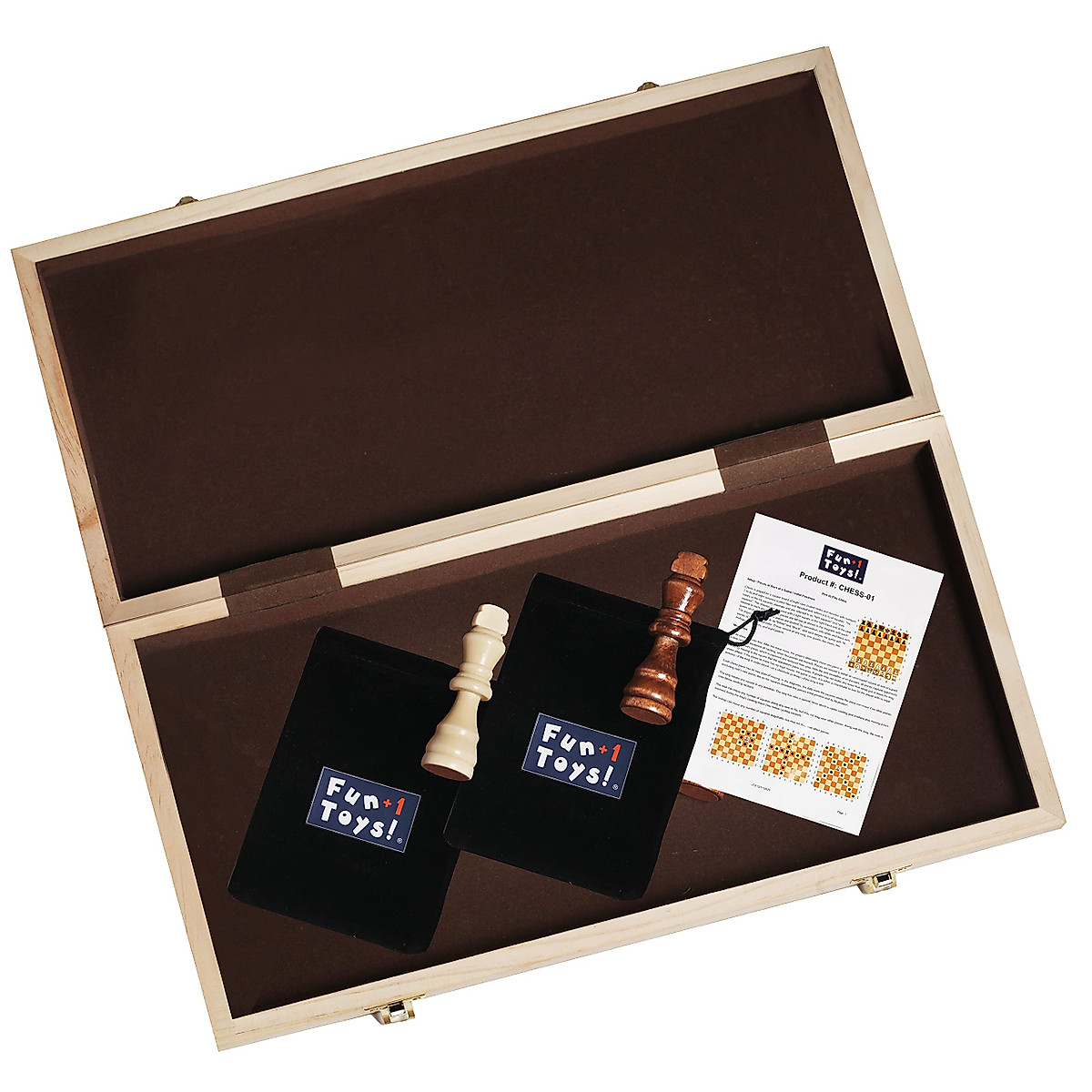 Fun+1 Toys! Wooden Chess Set for Adults and Kids, 15" Portable Chess Board Set with Chess Pieces & Drawstring Bag