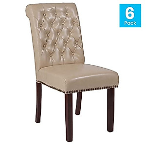 Flash Furniture Set of 6 Hercules Series Beige LeatherSoft Parsons Chairs with Rolled Back, Accent Nail Trim and Walnut Finish