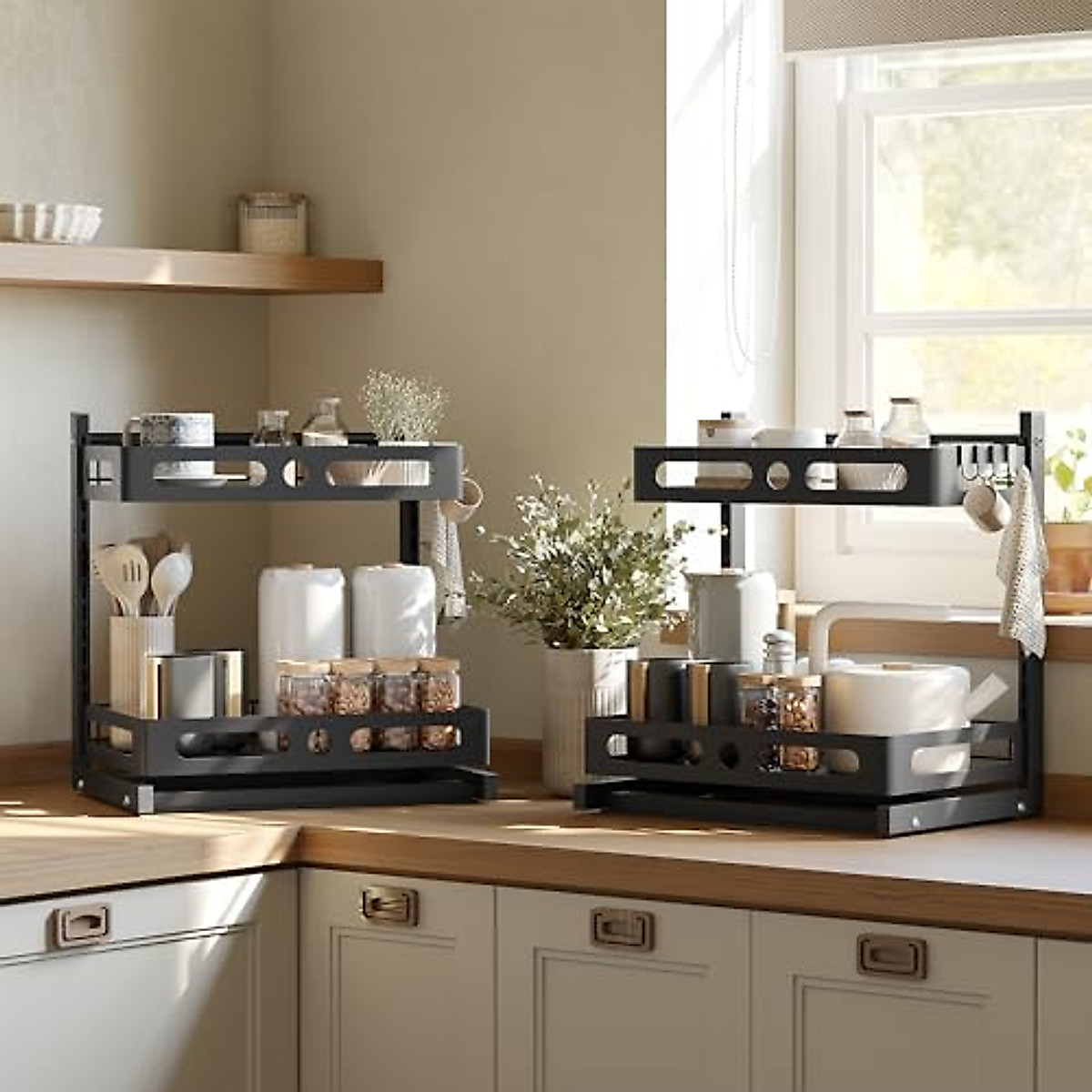 NETEL Under Sink Organizers and Storage, 2 Pack Metal Pull Out Under Cabinet Organizer with 4 Hooks,Kitchen Cupboard Organizer Shelf, Sliding Drawers for Bathroom