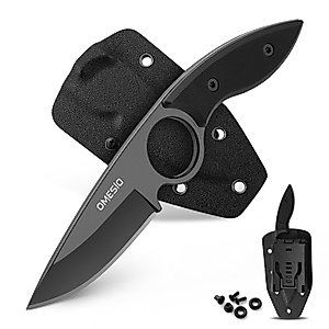Omesio Small Fixed Blade Knife, Tactical Hunting Camping Knife with Kydex Sheath, Full Tang Stainless Steel Compact EDC Neck Knife G10 Handle with Gift Box for Men (Black)