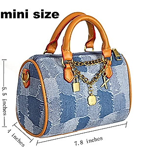 Mini Small Denim Purse Jean Purse Boston Barrel Bags Quilted Checkered Purse Top Handle Canvas Tote Bag Crossbody bags Satchel Handbag for Women,Blue