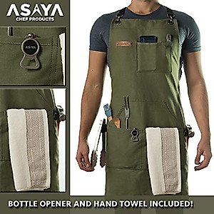Asaya Chef, BBQ and Work Apron with Bottle Opener and Hand Towel - Durable 10oz Cotton Canvas, Brass Hardware and Cross Back Straps - For Men, Women, Grilling, and Cooking (Green)