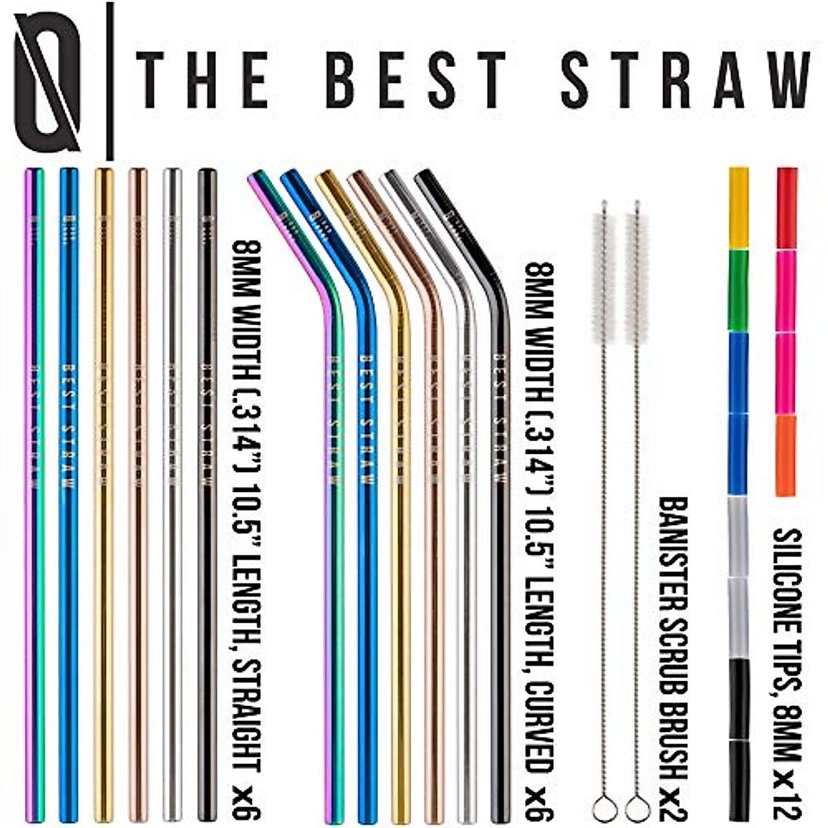 BAR NONE Best Straws Set of 12 | 10.5" Long Wide Rainbow Multi Colored Stainless Steel Metal Drinking Straws Reusable Straight & Curved Cleaning Brushes & Silicone Tips Straw Brush Cup Drinks
