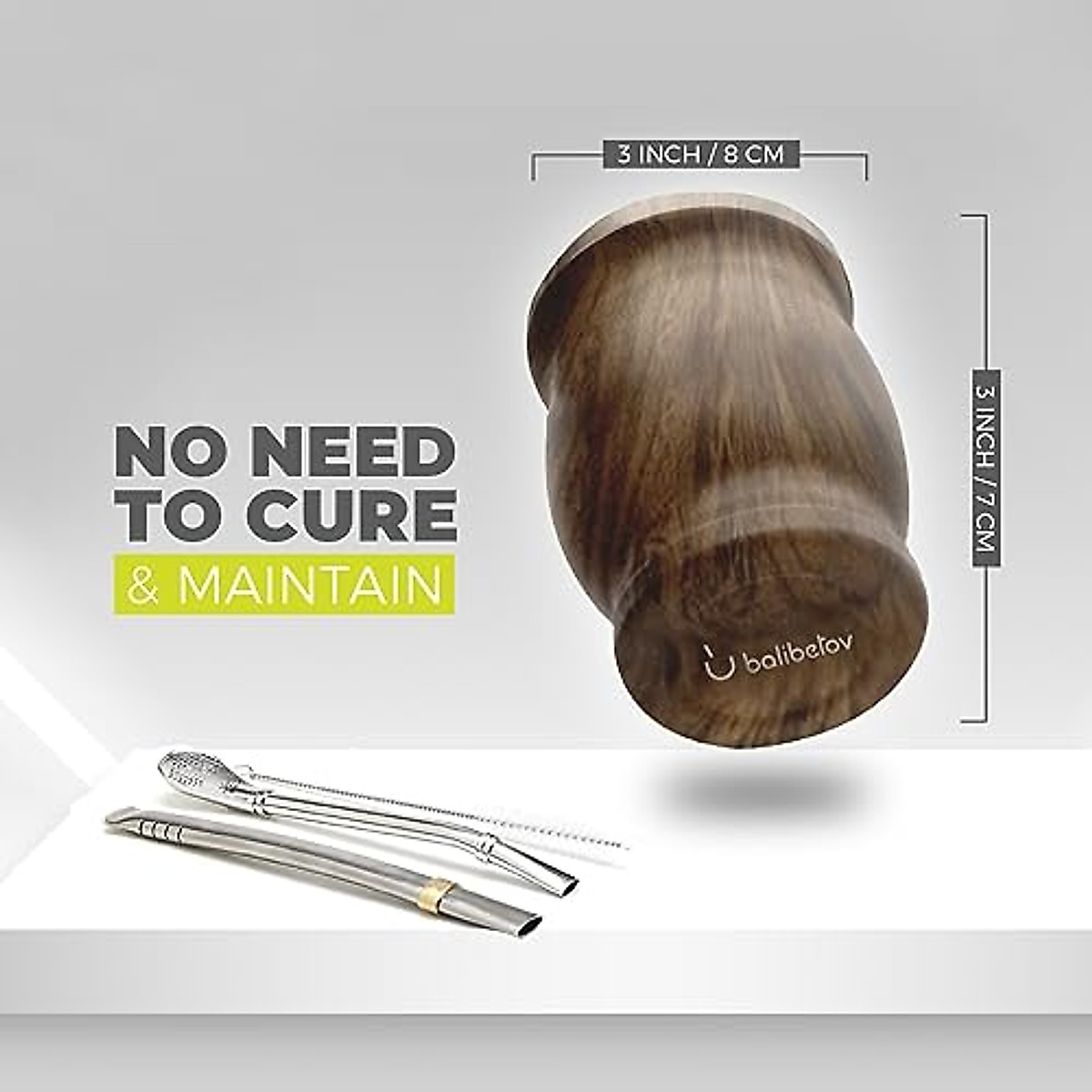 BALIBETOV Stainless Steel Double-Wall Mate Cup And Bombilla Set - Yerba Mate set Includes One Yerba Mate Cup, 2 Bombillas Mate (Straw) & Brush - Easy to Clean (Wood)