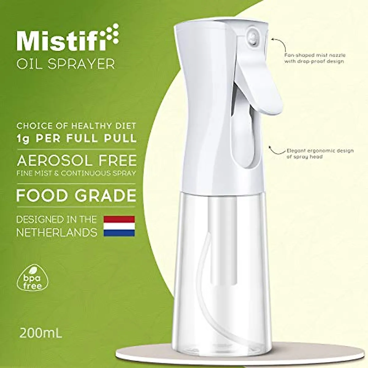 Mistifi Oliver Oil Sprayer for cooking, Spray bottle 6oz, Non-Aerosol Refillable Dispenser Oil Mister FS601 Green Vegetable