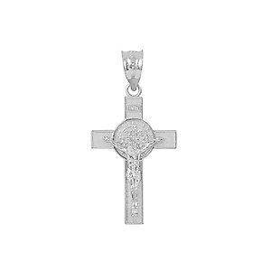 Saint Collection Solid 14k White Gold St. Benedict Crucifix Cross Charm Pendant (1.10")