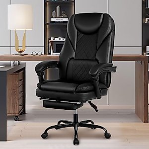 Guessky Executive Office Chair, Big and Tall Office Chair with Foot Rest Reclining Leather Chair, High Back Ergonomic Home Office Desk Chair(Black)