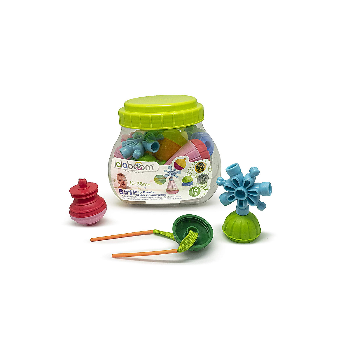 Lalaboom Bucket Set - 19 Piece Educational Baby Toddler Beads and Accessories – Educational Montessori Shape and Color STEM Construction Toy 10 Months to 3 Years - BL210, Multicolor