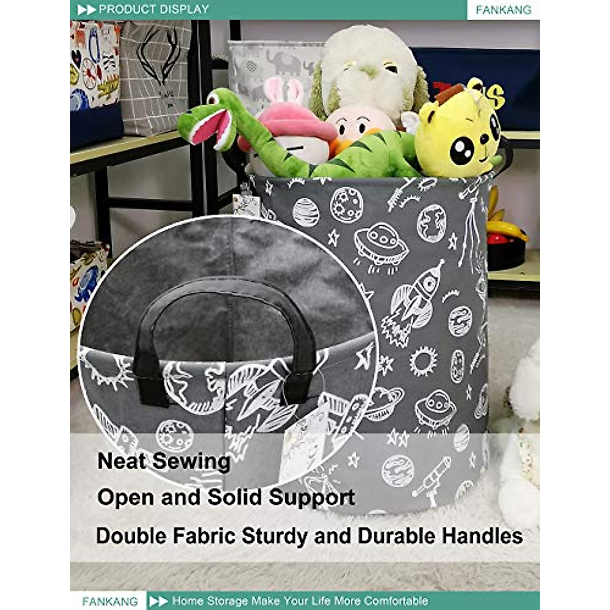 FANKANG Storage Basket, Nursery Hamper Canvas Laundry Basket Foldable with Waterproof PE Coating Large Storage Baskets for Kids Boys and Girls, Office, Bedroom, Clothes,Toys（Space Planet）