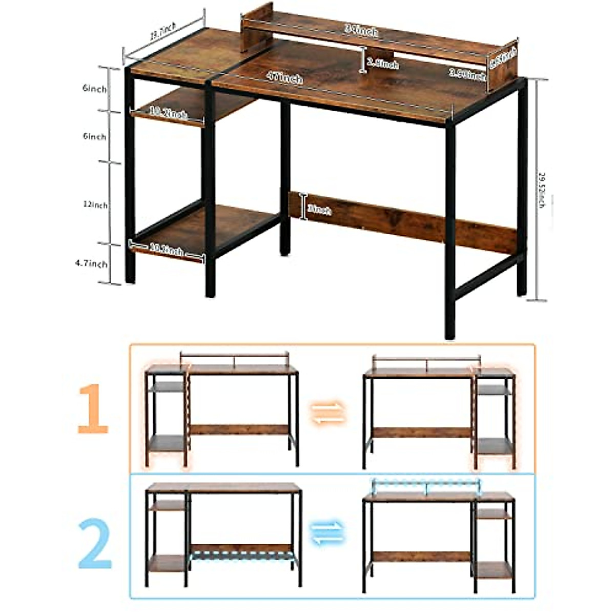 MINOSYS Computer Gaming Desk - 47" Home Office Desk with Storage, Rustic Writing Desk with Monitor Stand, Modern Simple Study Corner Table, Adjustable Storage Space.