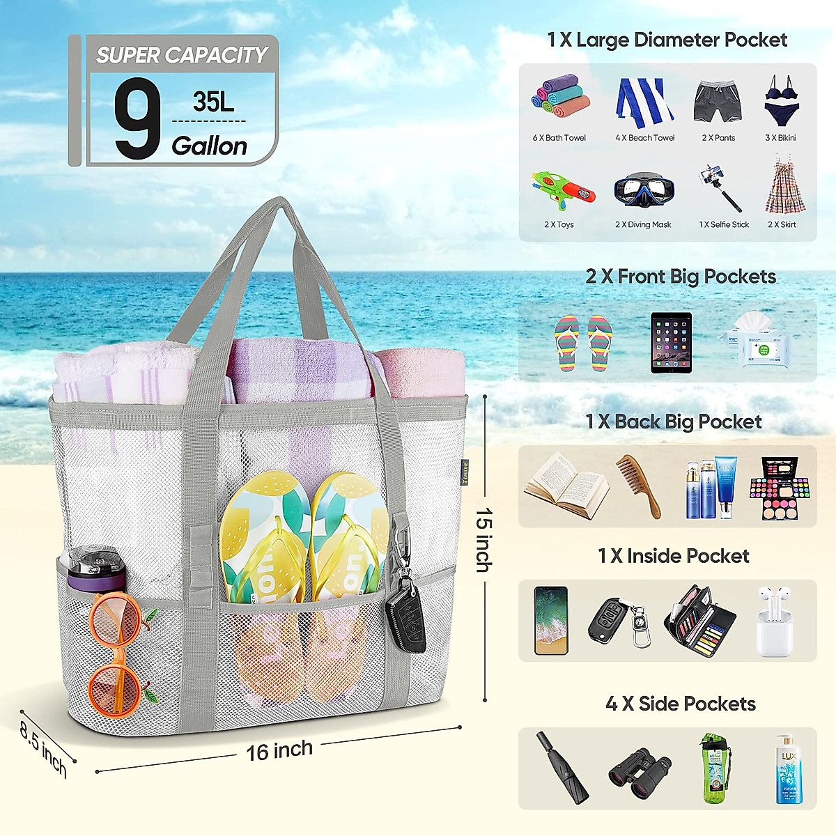 BALEINE Large Beach Bag Pool Bags, Mesh Beach Tote for Toys, Towel, flip flops, White