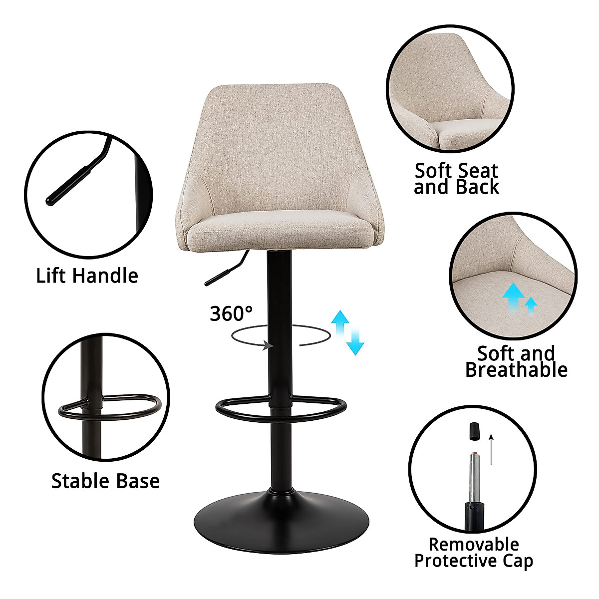 GIA Home Furniture Series Bar Height Adjustable and Swivel Metal Stool with Beige Linen Upholstered Seat, Black, Set of 2