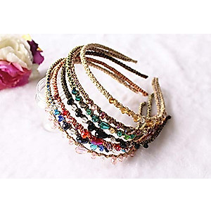 ShungFun 7 Pieces Women Fashion Thin Beads Crystal Headbands Antislip Hair Loop Clasp Glitter Hairbands Elastics Hair Bands for Wedding Hair Accessories (Yellow,Pink,Red,Green,Purple,Black and