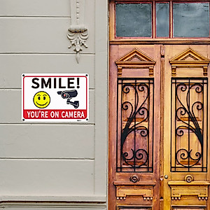 SMILE! You're on Camera" High-Visibility Security Warning Sign, Aluminum, 10x7 Inches, UV Printed, Pack of 4, Outdoor Camera Alert Signage