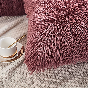 JAUXIO Long Faux Fur Soft Soild Decorative Pillowcase Fluffy Throw Pillow Cover Velvet Shaggy Plush Cushion Case Set of 2 Zipper Closure Queen Size (Dusty Rose, 20"X26")