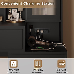 BTHFST Large Vanity Desk with Mirror and Lights, Makeup Vanity with Lights and Charging Station, Vanity Table with 5 Drawers and Storage Shelves, Makeup Desk with Nightstand, Black and Gold