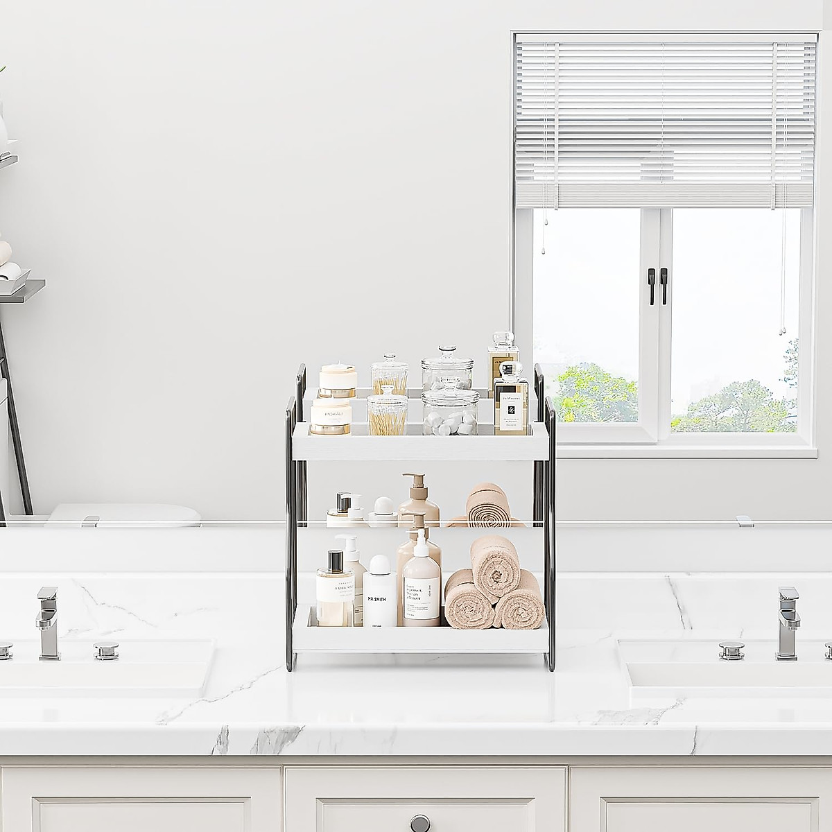 Messmenos Bathroom Organizer Countertop, 2 Tier Solid Wood Vanity Counter Storage Tray, Wooden Stand Organization Shelf for Kitchen&Coffee Bar, Storage Rack for Makeup Perfume Skincare (White)