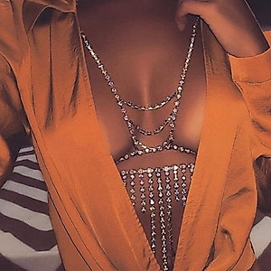 Chargances Silver Crystal Body Chain Sparkly Bra Body Chain Sexy Tassle Chest Chain Bikini Rhinestone Body Chain Accessories for Women and Girls Party Prom Beach (Silver)