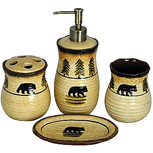 Paseo Road by HiEnd Accents | Rustic Bear 4 Piece Ceramic Bathroom Set with Soap Lotion Dispenser, Tumbler, Toothbrush Holder, Soap Dish, Rustic Cabin Lodge Style