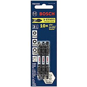BOSCH ITDEV2503 3-Piece 2-1/2 In. Impact Tough Screwdriving Double-Ended Screwdriving Bits Mixed Set Including PH2, SQ2, T25 Bits