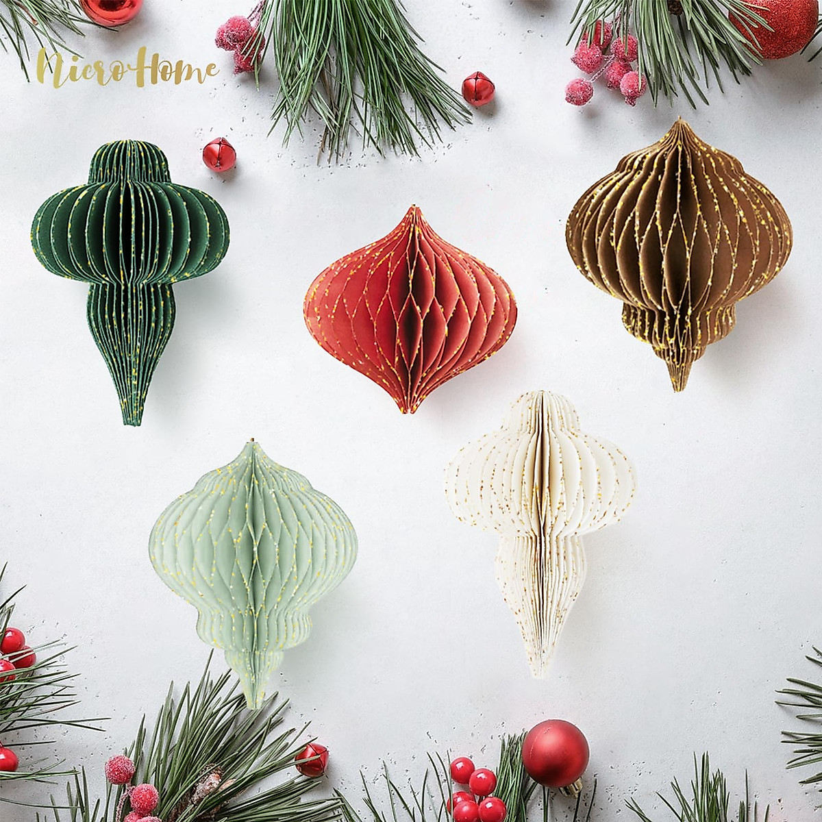NICROHOME Christmas Party Decorations - 5 PCS 3D Mini Glitter Edge Paper Honeycomb Ornament, Green, Red, Brown Hanging Ornament for Christmas Tree Decorations, New Years Eve Party