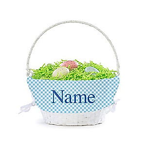 Personalized Easter Egg Basket with Handle and Custom Name | Blue Gingham Easter Basket Liners | White Basket | Woven Easter Baskets for Kids and Adults | Customized Easter Basket | Gift for Easter