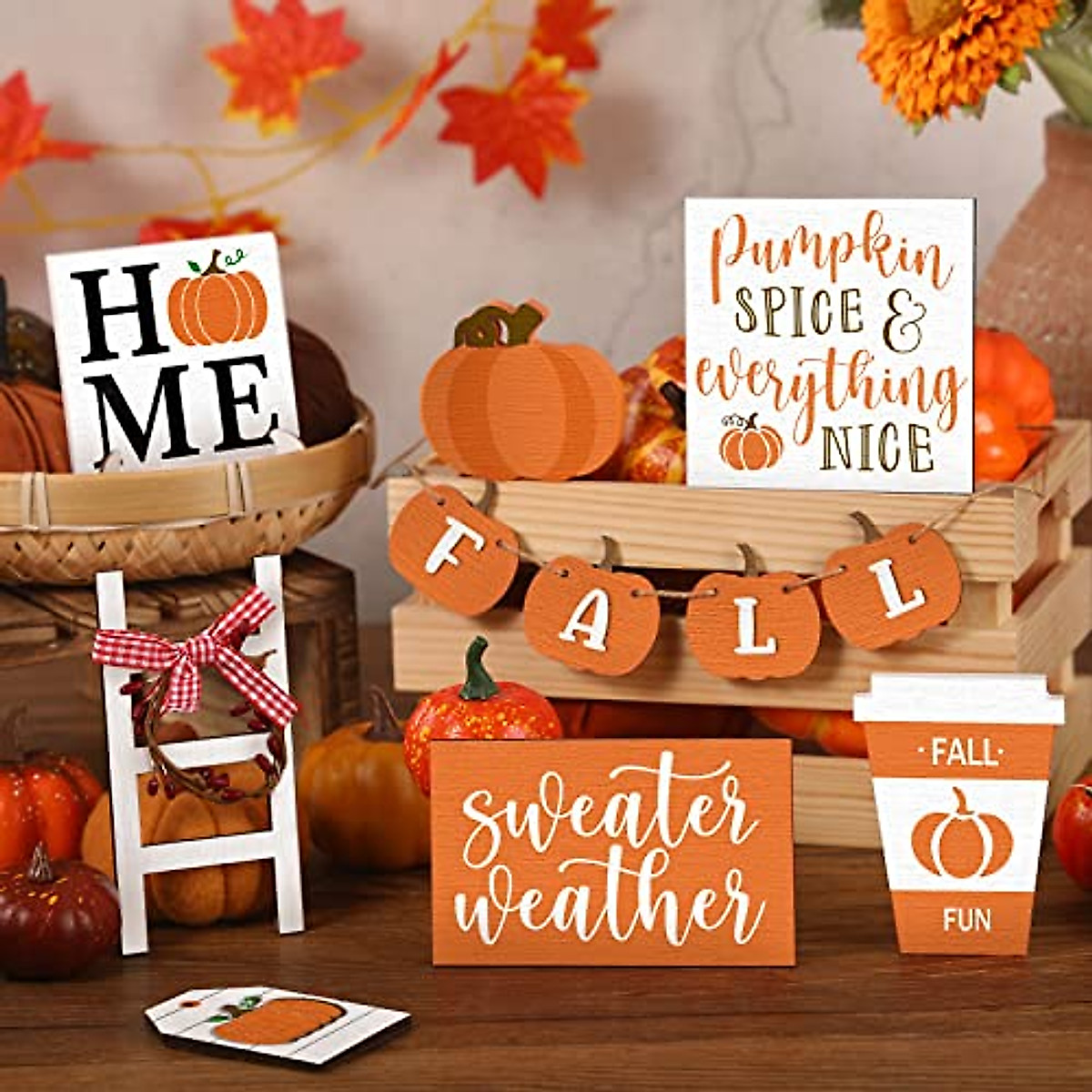 Two Tiered Tray with 11 Pcs Wooden Signs, Farmhouse Tiered Tray Decor Set Rustic Wood Home Kitchen Table Stand Decor Decorative Table Shelf Centerpiece(Autumn Style)