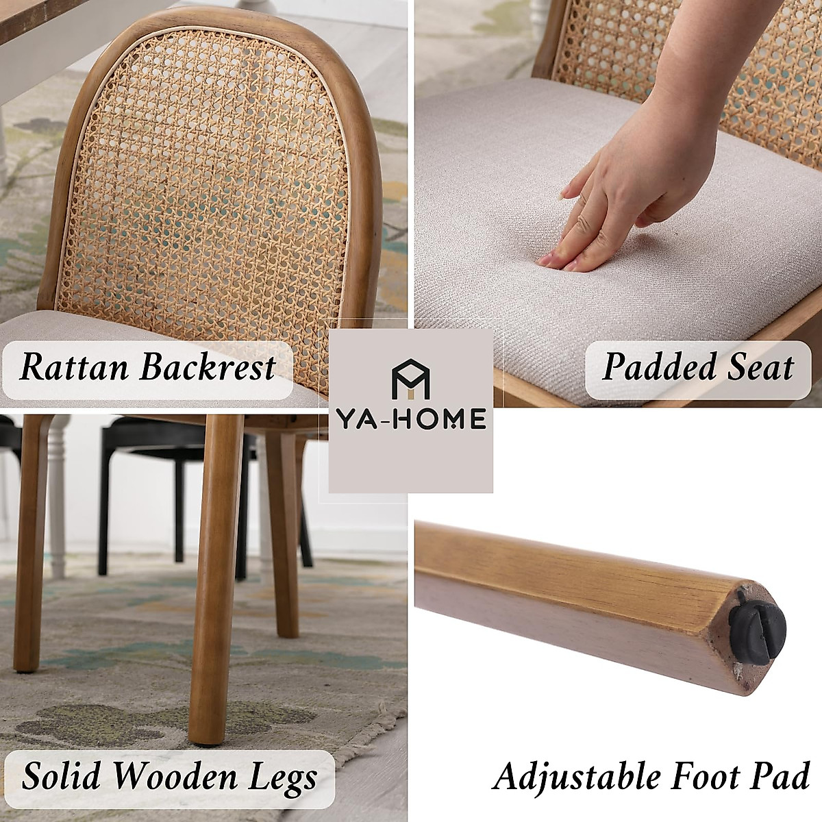 Ya-Home Mid Century Dining Chairs Set of 2, Accent Rattan Linen Fabric Side Chairs Kitchen Chair with Solid Wooden Legs for Living Room Dining Room, Beige