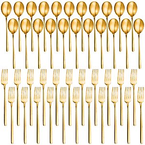 48 Pcs Forks and Spoons Set for 24, Stainless Steel Flatware Cutlery Set Mirror Polished Kitchen Utensil Set, 6.5 Inch Forks and 7.3 Inch Spoons for Home Kitchen Restaurant, Dishwasher Safe (Gold)