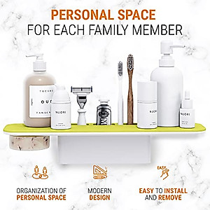 KUKAKETA Bathroom Organizer Shelf with Toothbrush Holders, Soap Dish, Shower Caddy Bathroom Shelves Wall Mounted Shower Shelf Space Saver Bathroom Storage - Adhesive or Drilling (white - yellow)