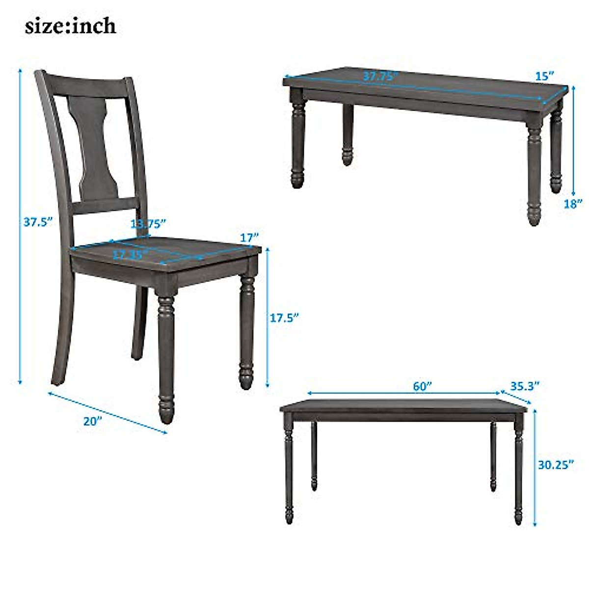 Woanke 6-Piece Set, Wooden Rectangular Table with 4 Chairs and 1 Bench, Rustic Style for Kitchen, Dining Room, Breakfast Nook, 2-Gray