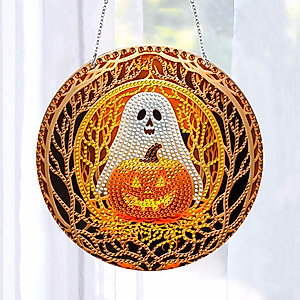 LUSandy DIY 5D Halloween Ghost Pumpkin Diamond Painting Kits Hanging Sign Wall Art Sign Pumpkin Diamond Art Suncatcher Window Hanging Ornament Window Pendants for Adults Home Garden Wall Door