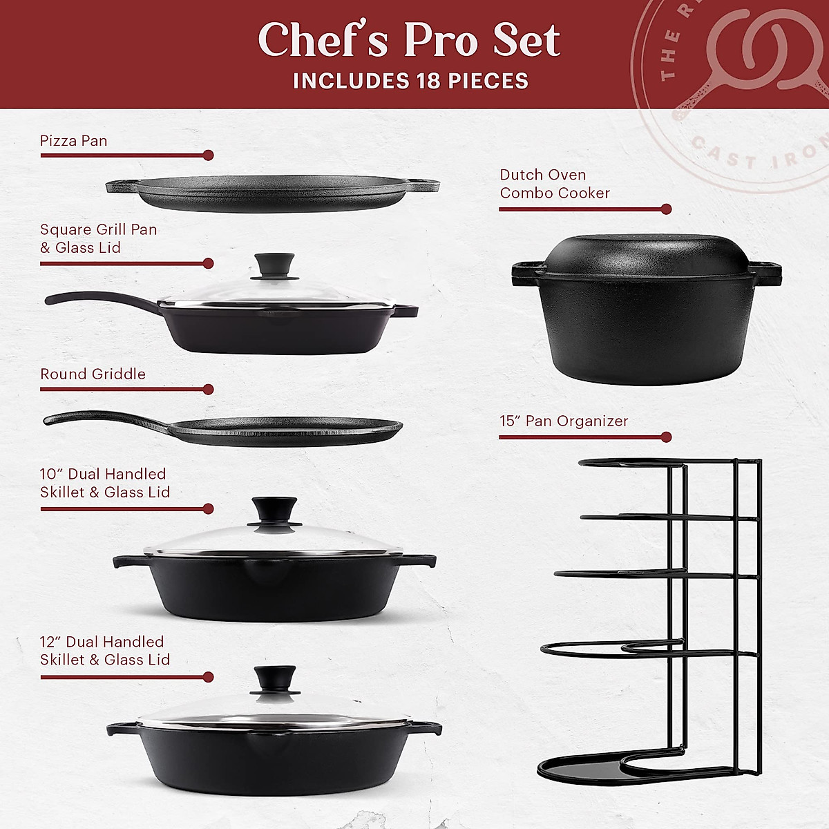 Cuisinel Cast Iron 18-Piece Preseasoned Cookware Set: 10"+12" Skillets w/Lids + 5-Qt Dutch Oven + 10.5" Square Grill Pan w/Lid + Pizza Pan + Round Griddle + 15" Organizer +Scraper + Silicone Handle