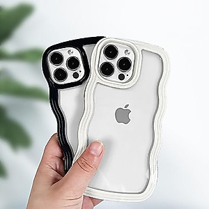 Anuck for iPhone 14 Pro Case Wavy Edge Clear Back Design, Anti-Slip Grip Cute Wave Curly Frame Shape Shockproof Soft TPU & Hard Bumper Protective Phone Case Cover for Women Girls, White