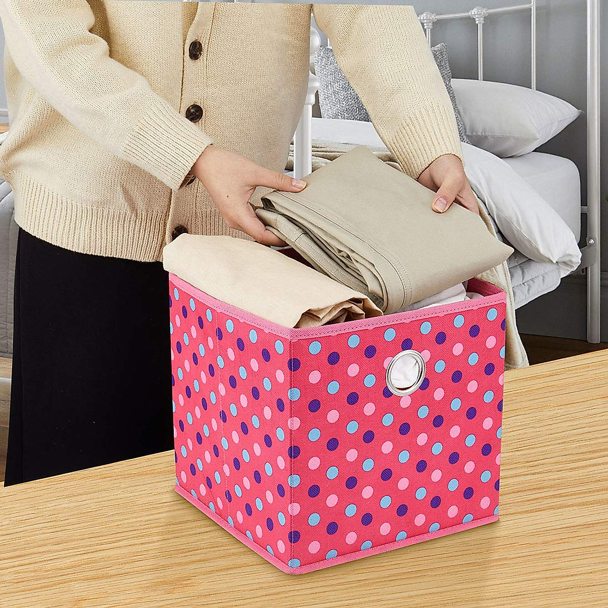 i BKGOO Foldable Storage Cube Drawer Bins Set of 4 Collapsible Fabric Storage Boxes with Round Metal Grommets for Organizing Shelf Nursery Home Closet Dots Pink 10x10x10 inch