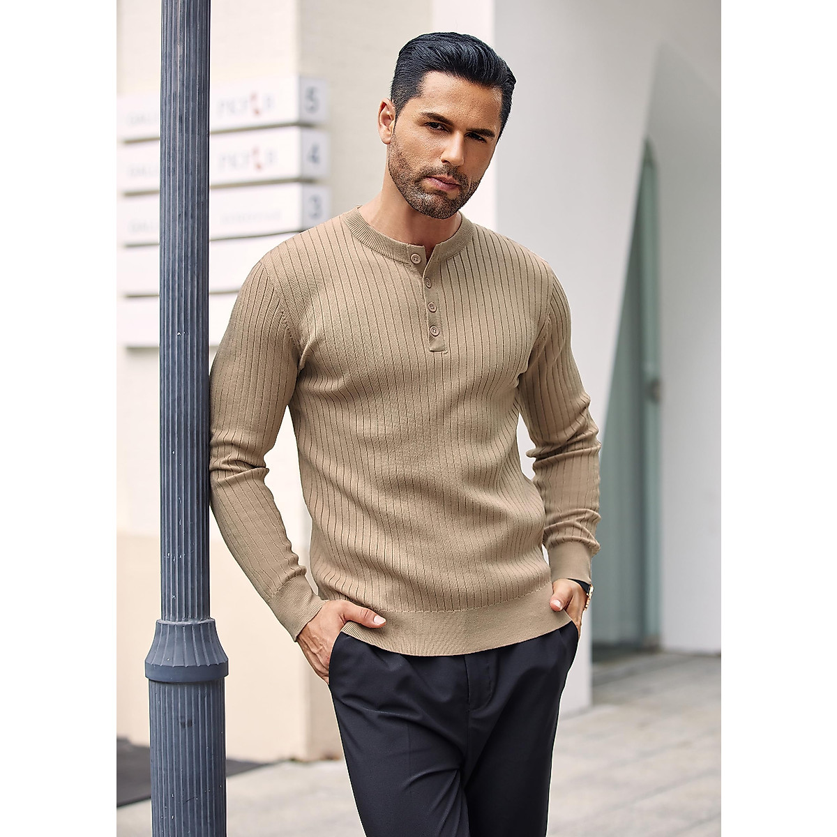COOFANDY Men's Long Sleeve Knit Henley Shirts Casual Henley T-Shirts Lightweight Ribbed Sweater Khaki