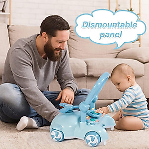 COLOR TREE 2 in 1 Baby Walker + Toddler Steering Wheel Activity Center, Sit-to-Stand Push Pull Walker, Early Educational Learning Toy with 4 Large Wheels and EVA Flash Lamp Blades and Music, Blue