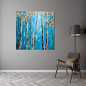 Yihui Arts Tree Canvas Wall Art for Home Decor 3D Hand Painted Blue Forest Pictures for Living Room Bedroom Stretched and Framed Ready to Hang(20Wx20L)