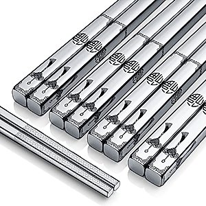 ZDPMK 5 Pairs Metal Chopsticks - Reusable Stainless Steel Chopsticks Laser Engraved Japanese Chinese Korean Chop Sticks with Non-Slip Square Design,Dishwasher Safe