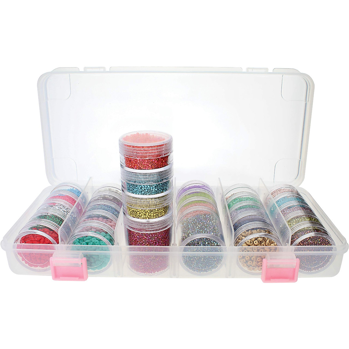The Beadsmith Personality Case, Clear Plastic Bead Storage Case with 28 Removable and Stackable Jars, Includes 6 Screw top lids, Organizer Storage for Beads, Snap Lock Case for Jewelry and Crafts