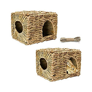 Tfwadmx 2 Pack Rabbit Grass House - Natural Hand Woven Seagrass Play Hay Bed, Collapsible Hideaway Hut Toy for Bunny Hamster Guinea Pig Chinchilla Ferret