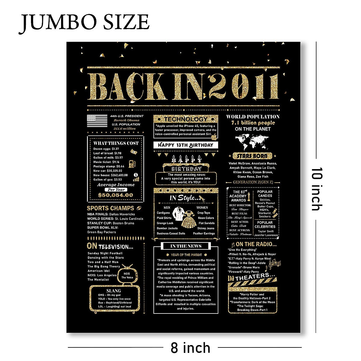 BGTCARDS 13th Birthday Card, 13th Birthday Decorations for Girls, 13th Birthday Gifts for Daughter, Back in 2011 Birthday Card, Black Gold