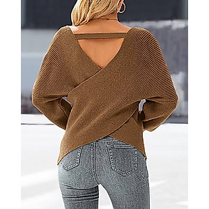 KIRUNDO 2023 Fall Winter Women's Long Sleeve Cross Wrap V Neck Knit Sweater Off Shoulder Backless Casual Pullover Tops(Camel, Small)