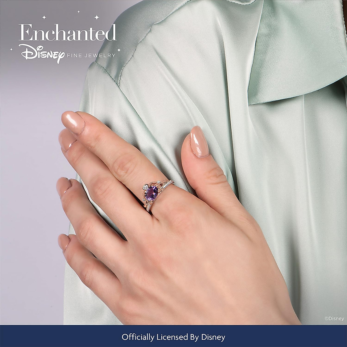 Jewelili Enchanted Disney Fine Jewelry Sterling Silver and 10K Rose Gold 8x6 MM Concave Oval Amethyst and Natural White Round Diamond Accent Stepsisters Ring Size 6