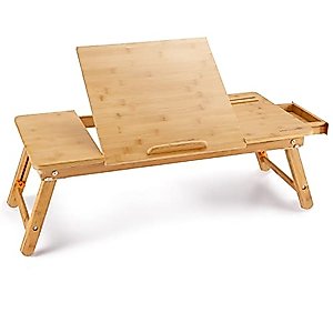Laptop Desk Nnewvante Bamboo Laptop Table Adjustable Lap Tray Bed Serving Tray Breakfast Table Foldable Coffee Tea Table 5 Tilting Top Angles 4 Latches Large Size 27.95" x 13.8"