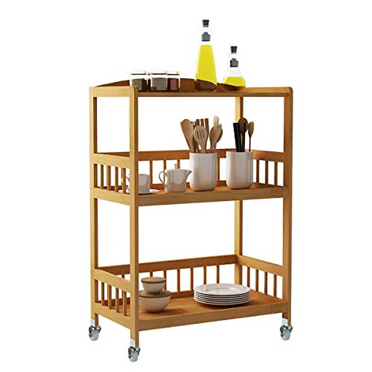 DlandHome 3-Tier Storage Shelf Unit On Wheels, Bamboo Storage Utility Cart for Kitchen/Warehouse, ZC-05 1 Pack