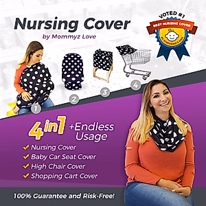 Nursing Breastfeeding Cover/Scarf + Baby Car Seat Cover/Canopy + Shopping Cart/Stroller Cover + High Chair Cover for Infant Girls and Boys. Best 4 in 1 Multi Use Stretchy Covers (Dots)