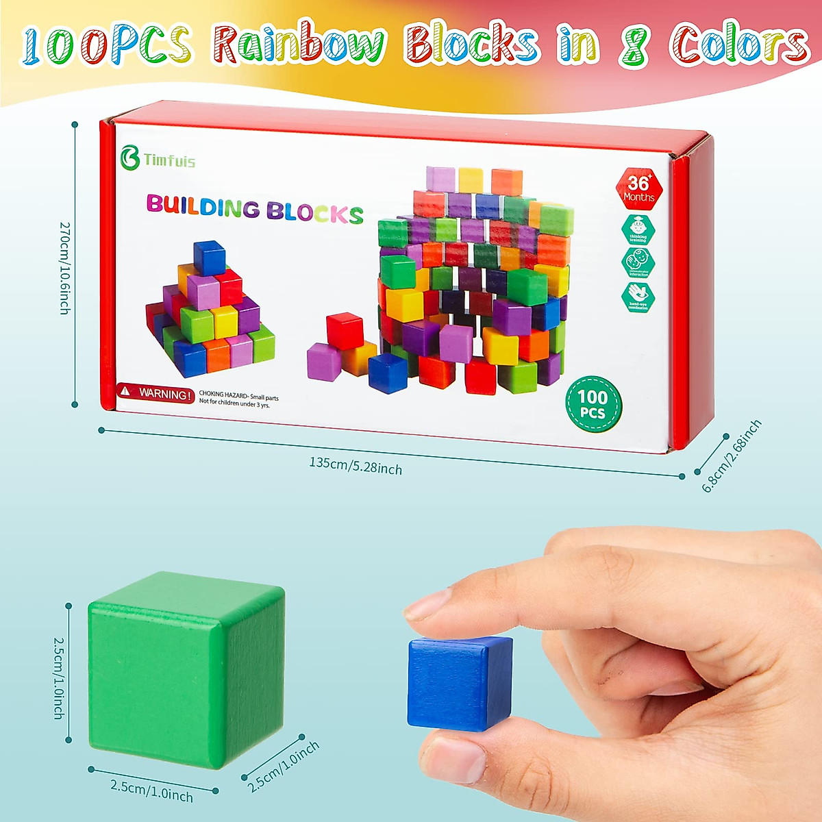 100PCS Wooden Building Blocks Stacking Game - 1 inch Rainbow Counting Blocks for Kids - Preschool Learning Educational Toys for Toddlers Boys Girls