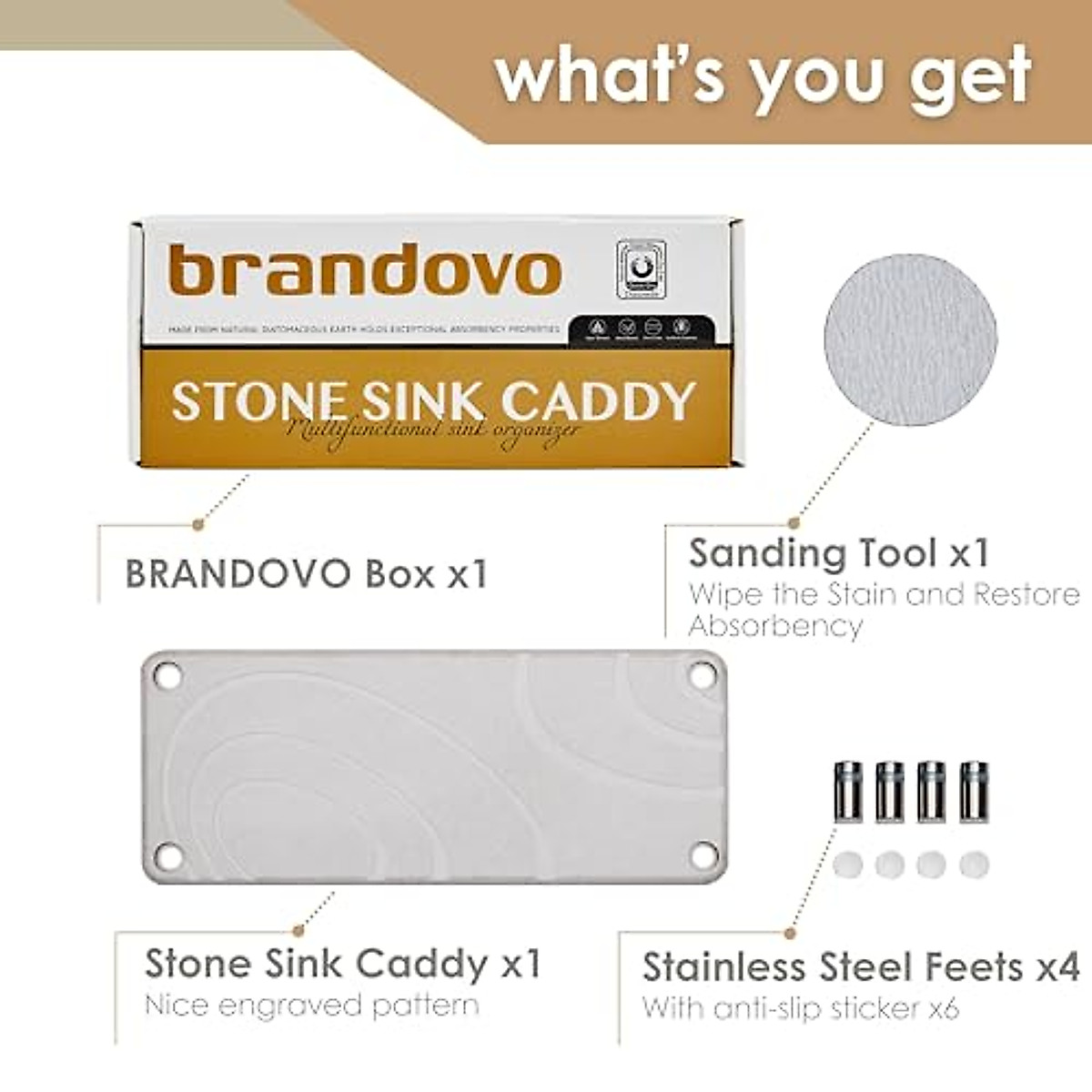 BRANDOVO Stone Sink Caddy - Instant Dry Sink Organizer - Kitchen Soap Tray - Fast Drying Stone Sink Tray - Kitchen Sink Caddy White Stone Sink Caddy - 9.8x3.9 inches